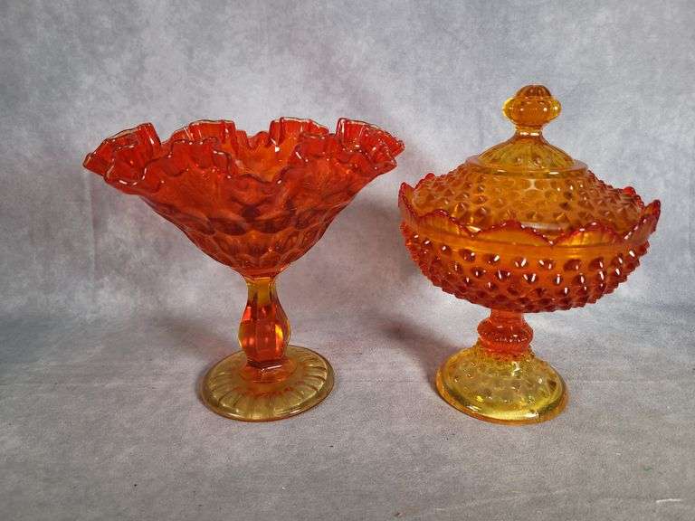 VINTAGE FENTON ORANGE HOBNAIL COVERED CANDY DISH & FENTON RUFFLED ...
