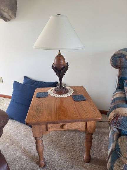 2 Oak end tables. One drawer. Includes the acorn lamps - Kaufman Realty ...