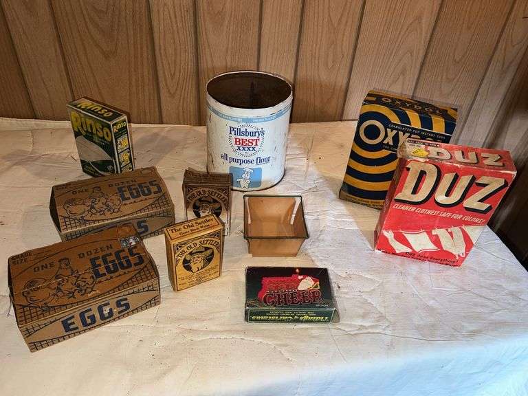 Vintage egg cartons, Pillsbury tin, Duz Cleaner, the old settler clear ...