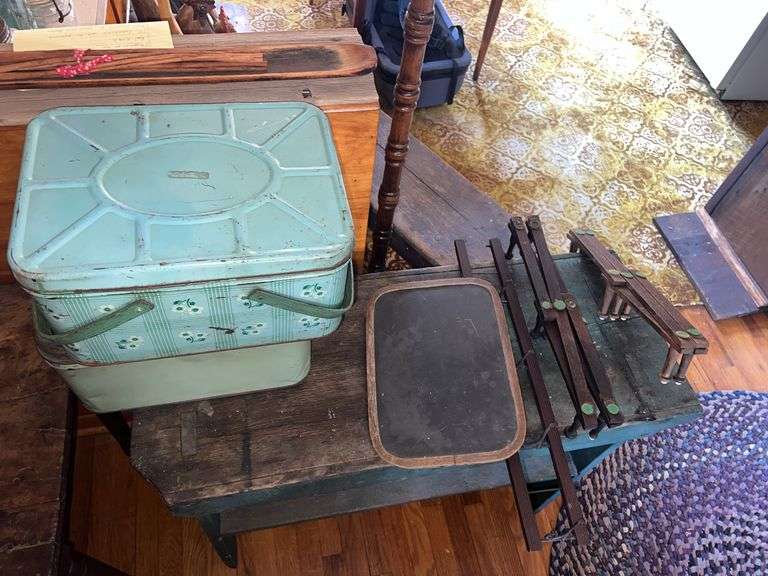 Vintage wooden folding peg racks slate wood chalkboard and Tin boxes ...