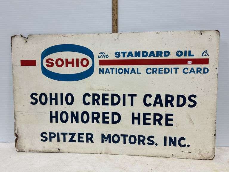 Sohio Credit Cards Spitzer Motors sign - Kaufman Realty & Auctions