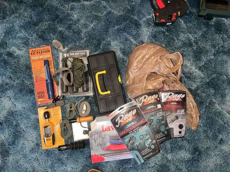 Hunting supplies, rage broadheads, camera straps, fletching tool, sound ...