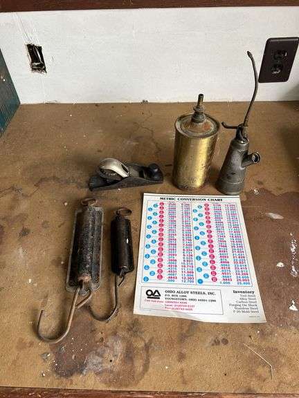 Vintage scales, hand plane, oil can, conversion chart - Kaufman Realty ...