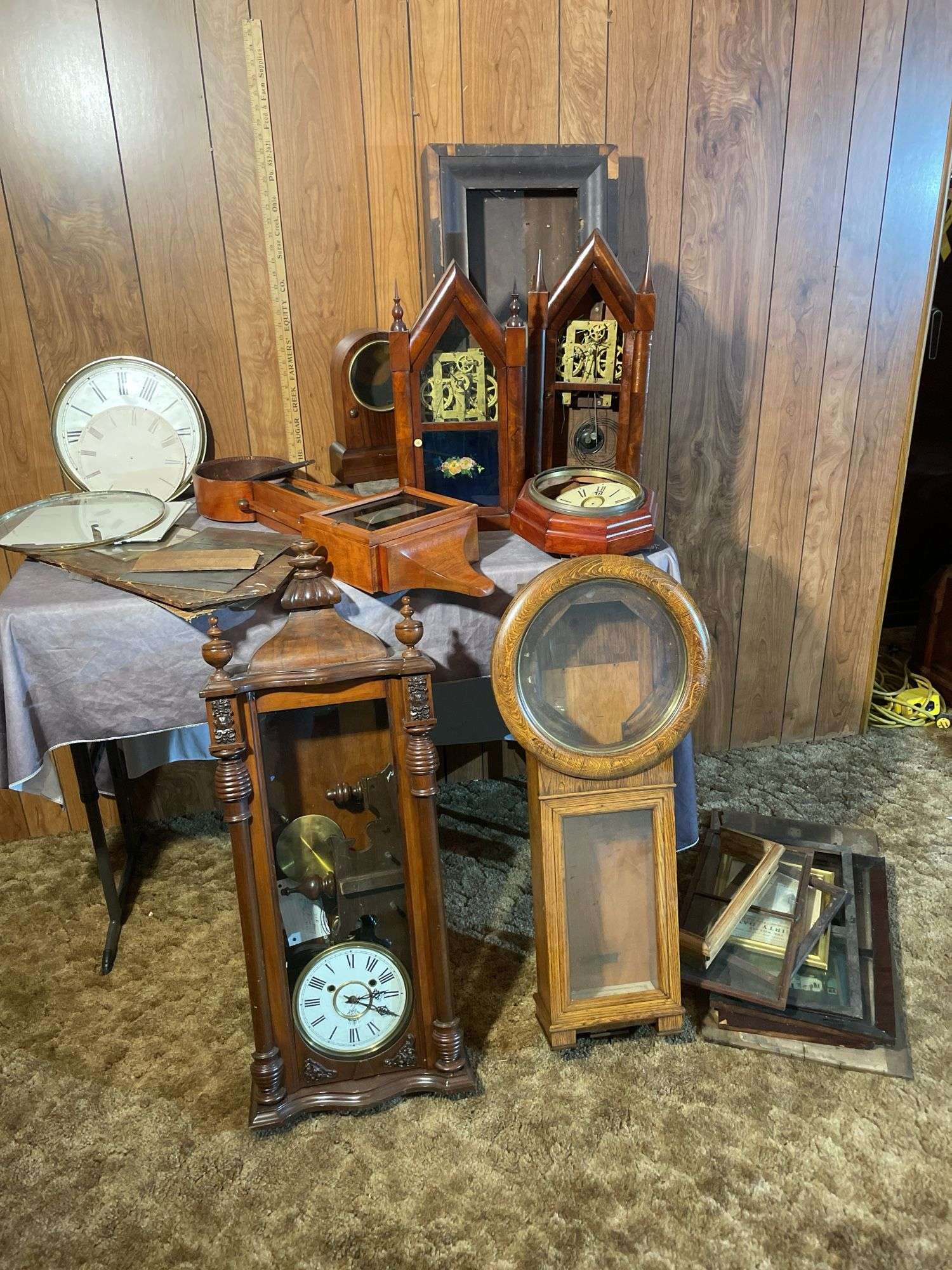 Large lot of clock pieces & parts including clock cases, wooden pieces ...