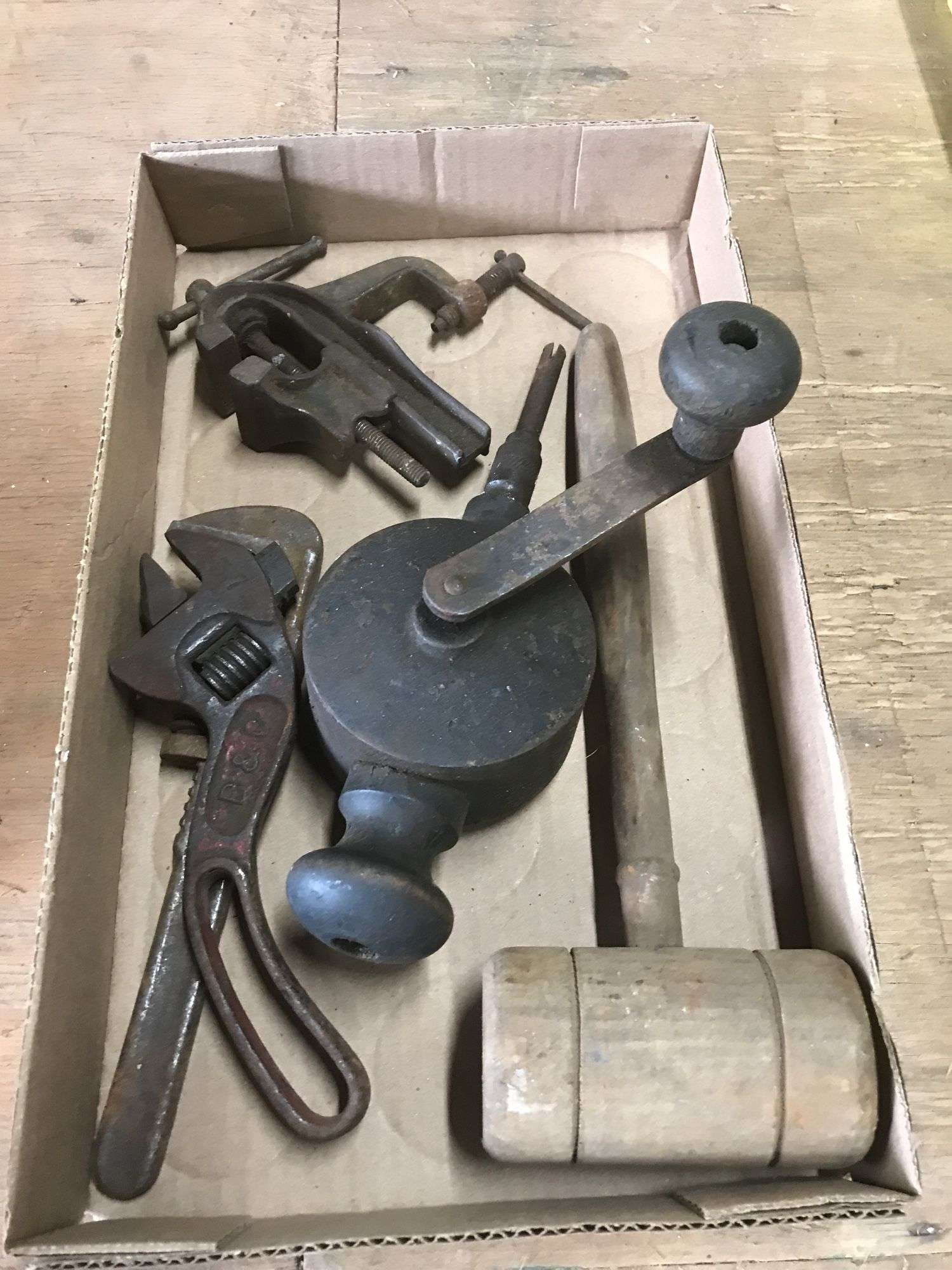 Antique tools, pipe wrench, Preston Ranch mallet, drill, bench vice ...