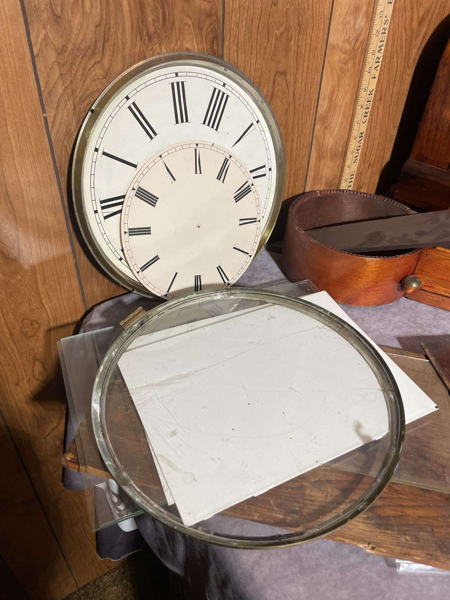 Large lot of clock pieces & parts including clock cases, wooden pieces ...