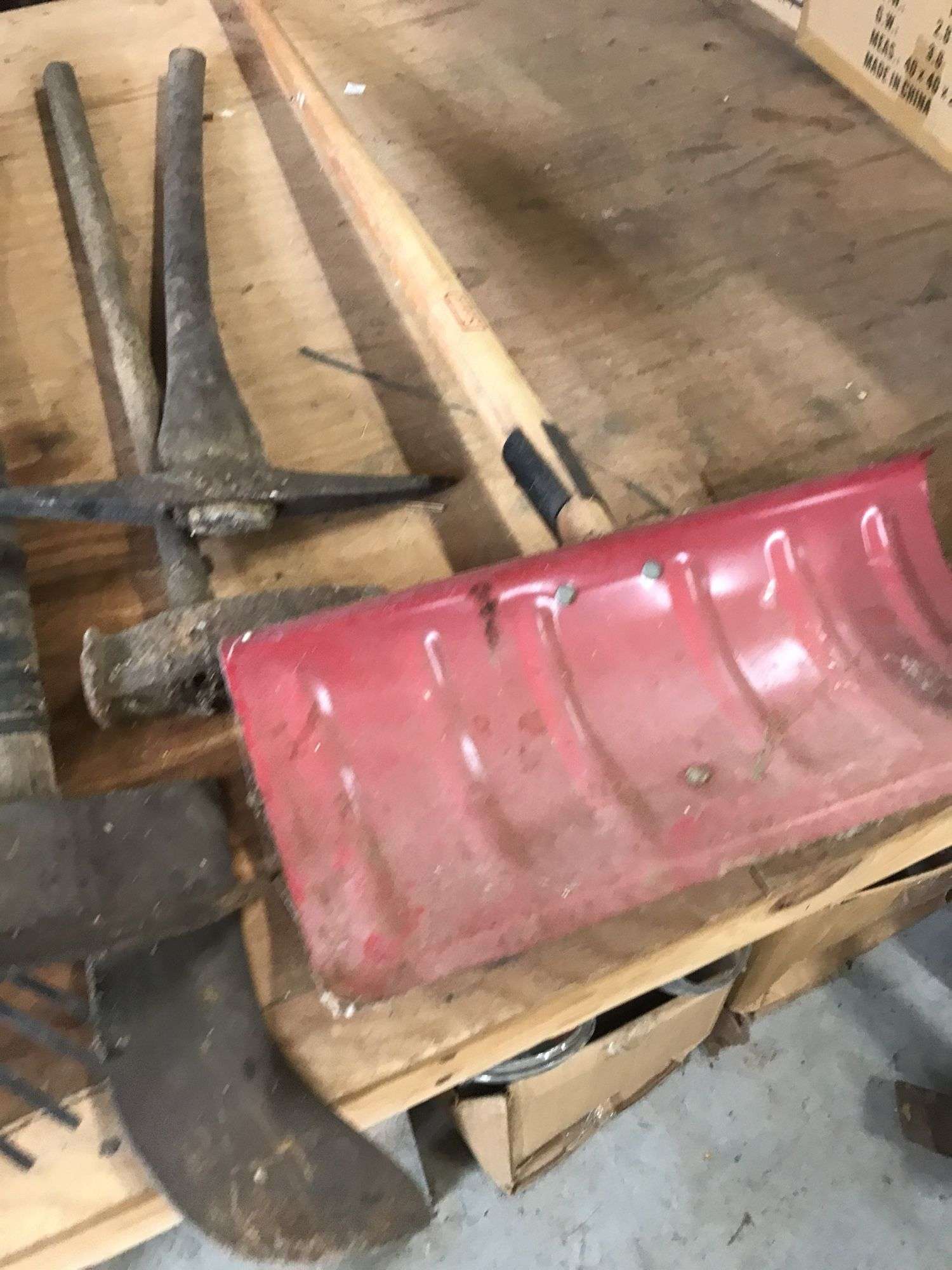 Antique long handled rake, shovel, brush cutter, hammer and pick ...