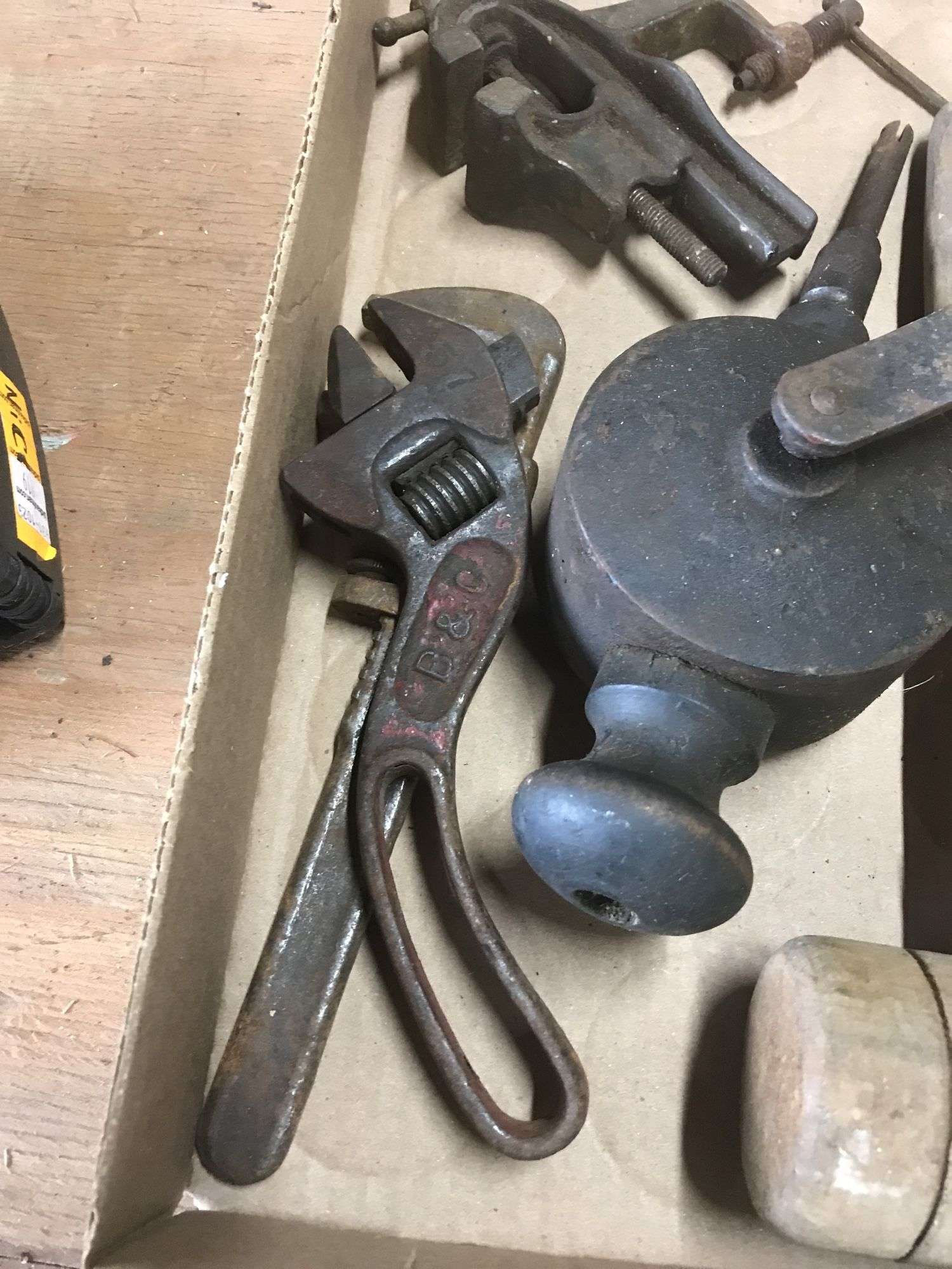 Antique tools, pipe wrench, Preston Ranch mallet, drill, bench vice ...