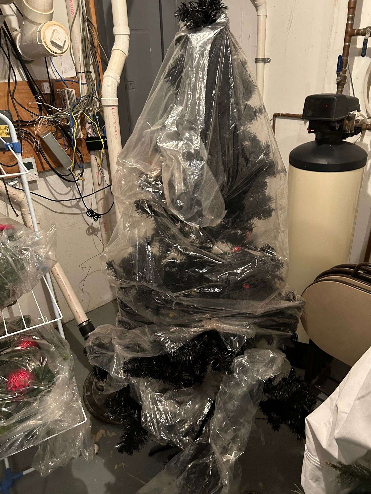 Wire shelving on rollers, Christmas wreaths and Christmas trees ...