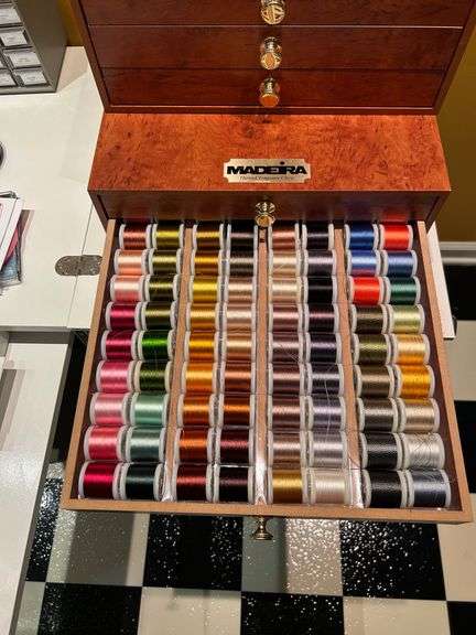 Two Madeira Wood 3-Drawer Treasure Chests. Both are full of thread as ...