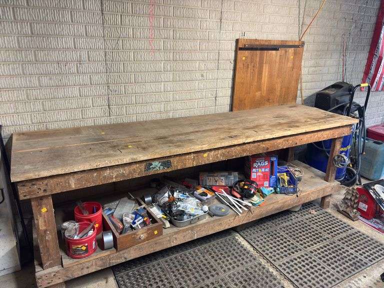 Work Bench Wooden- Length 8ft Height -80inches -width 26inches contents ...