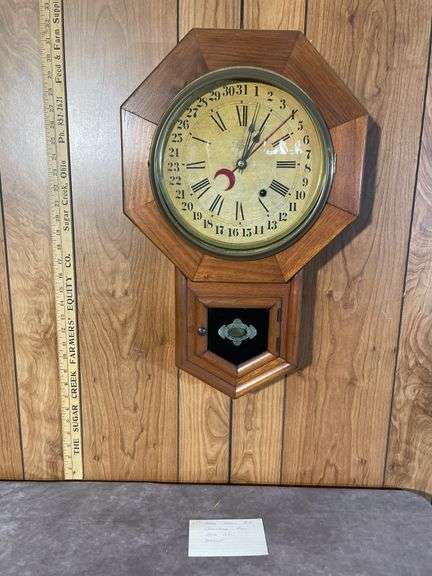 Terry clock co. Oak/walnut schoolhouse calendar clock - Circ 1895 ...