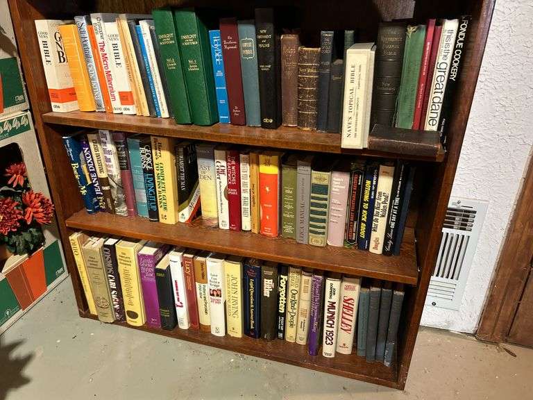 (3) shelves of books including insight of scriptures, bibles, cookbooks ...