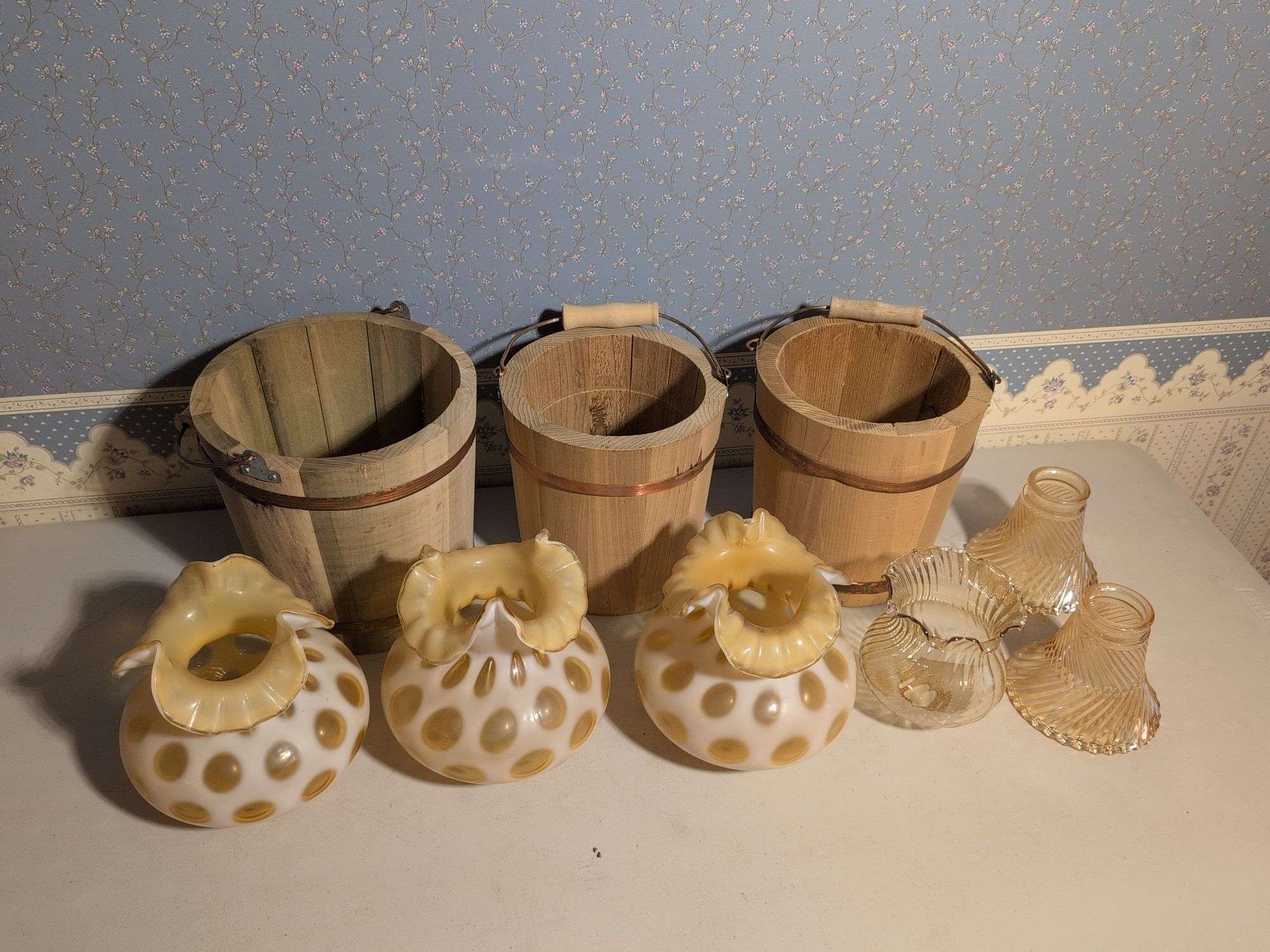 Wooden buckets and glass lamp/light shades - Kaufman Realty & Auctions