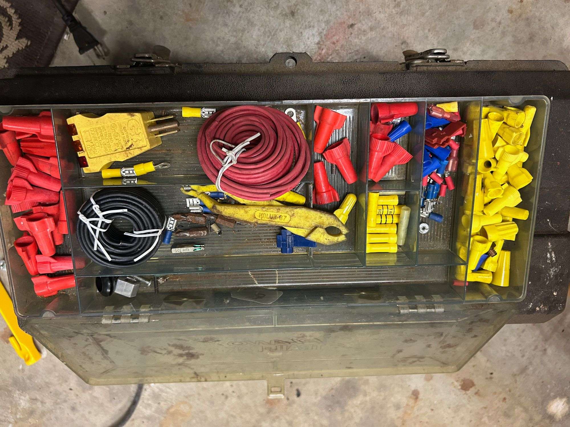 Plastic tool box with misc. tools. Organizer filled with wiring ...