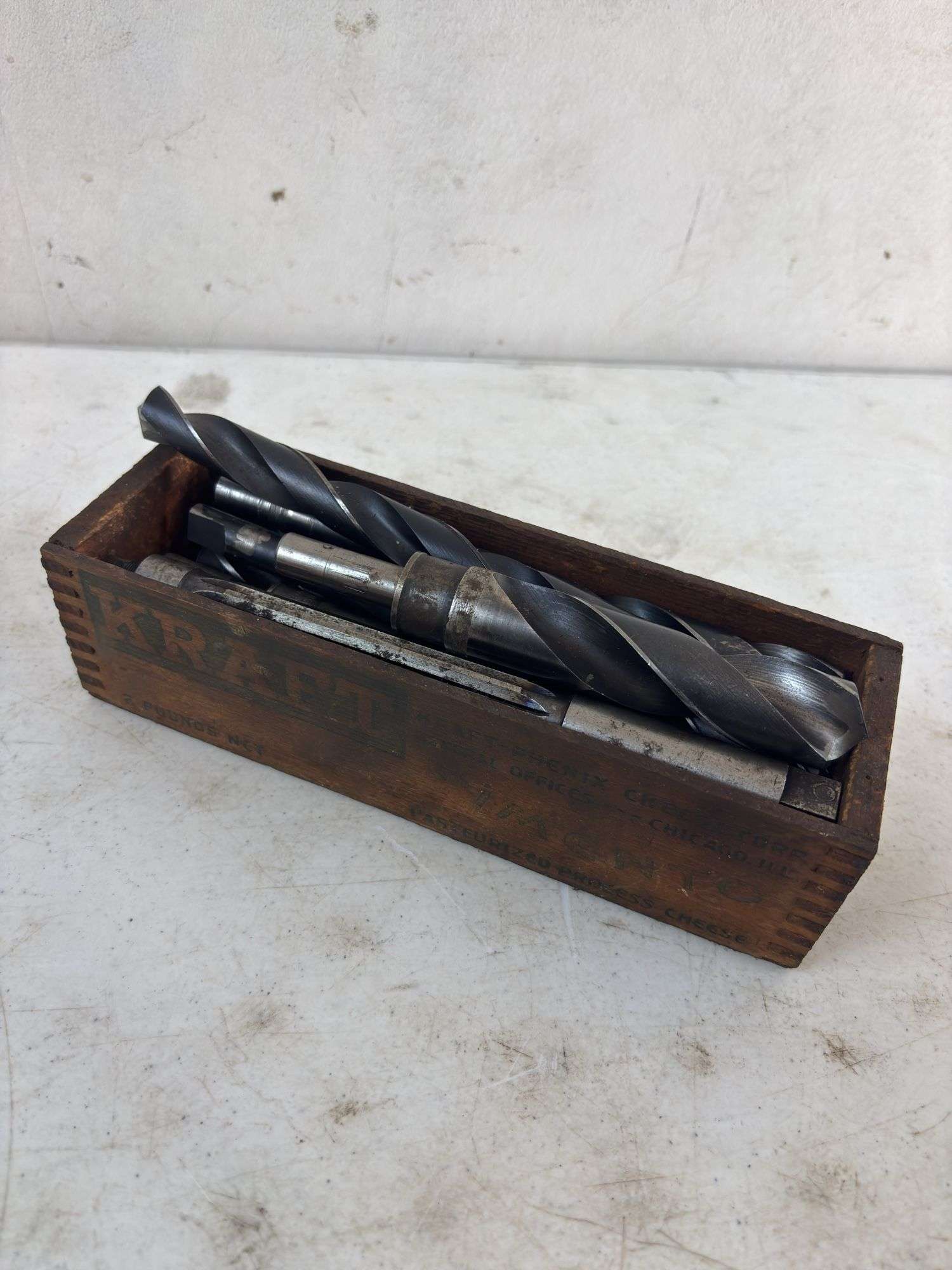 Big Drill Bits in Vintage Cheese Box - Kaufman Realty & Auctions