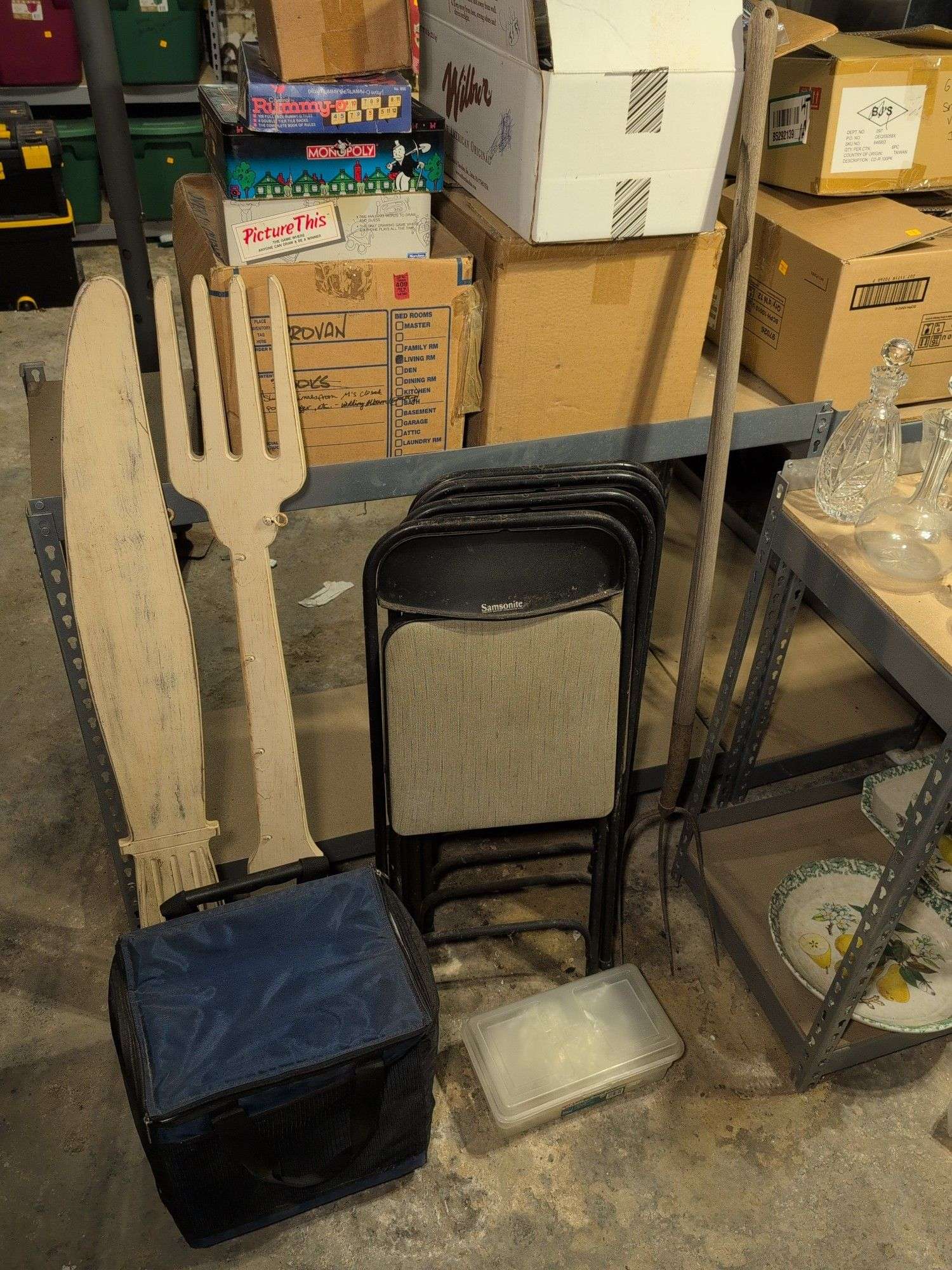 (4) folding chairs, rocking chair, pitchfork, cooler, decorative fork ...