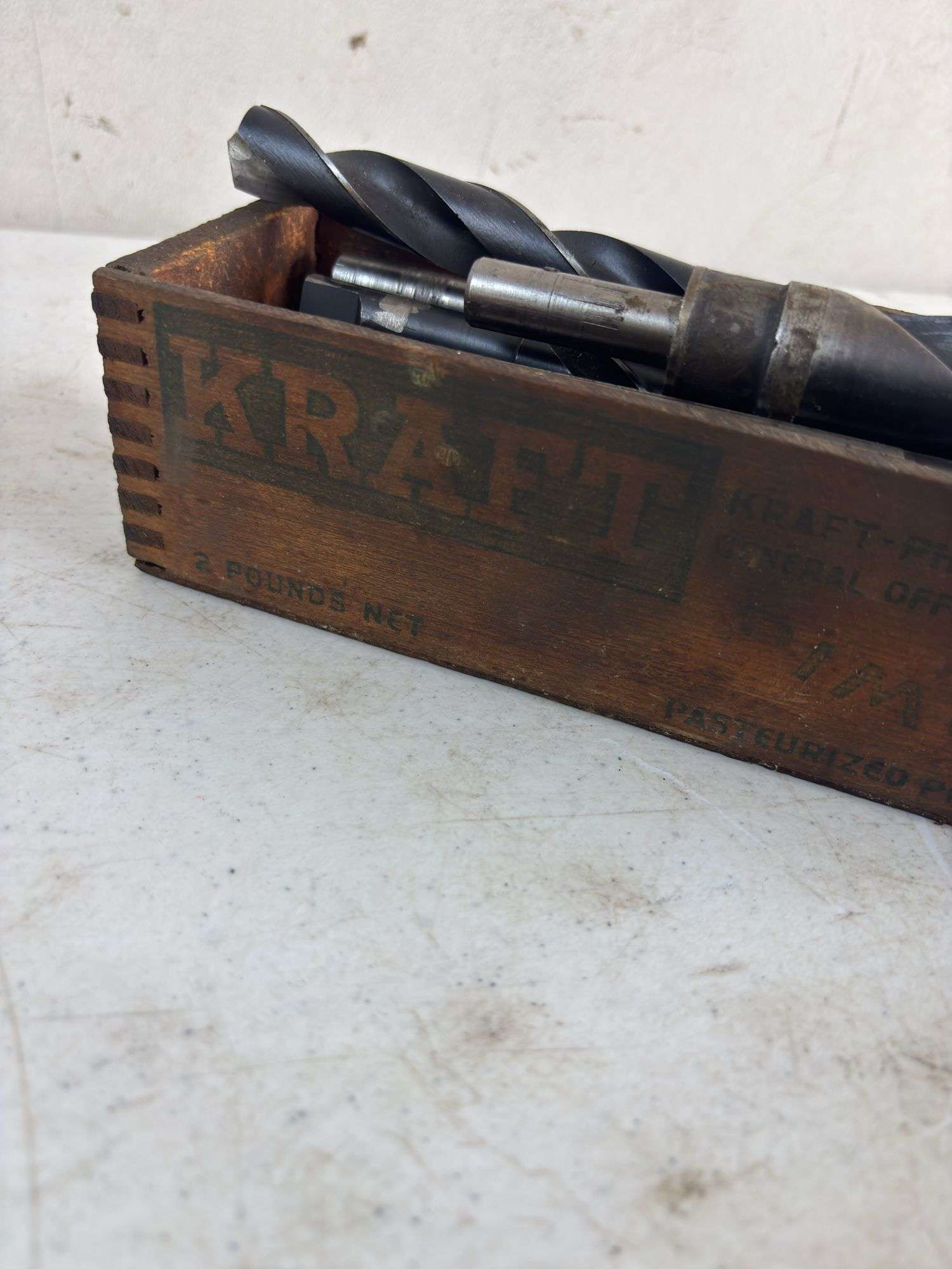Big Drill Bits in Vintage Cheese Box - Kaufman Realty & Auctions