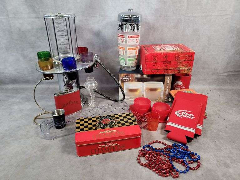 LIQUOR DISPENSER WITH SHOT GLASSES, JIM BEAM FLASK, TUMBLERS, SHAKER ...