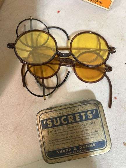 Flat of Antiques/Trinkets Including Eye Glasses, Hatchet, Ruler ...