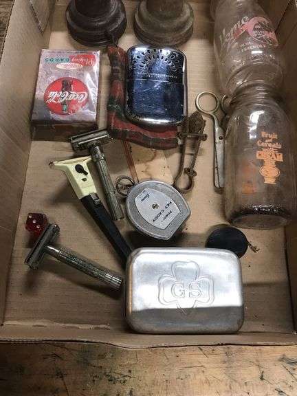 Antique miscellaneous bottles, CHOCOLATE heater, razors, Girl Scout ...