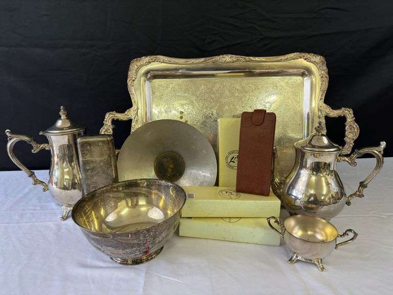 (2) Pitchers, (3) Stainless Steel Pocket Flasks, Candle Holder and ...