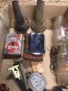 Antique miscellaneous bottles, CHOCOLATE heater, razors, Girl Scout ...