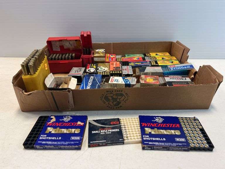 flat with misc ammo & primers/ includes .22ca, 9mm, .222 rem, .270 win ...