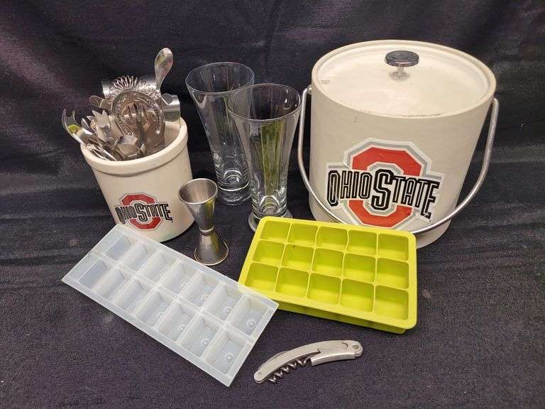OHIO STATE ICE BUCKET & CROCK; + BAR UTENSILS - Kaufman Realty & Auctions