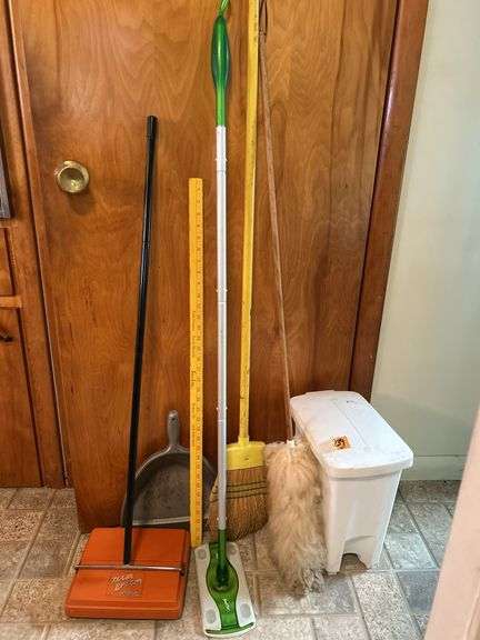 TRASH CAN, BISSEL ZOOM BROOM, DUSTER, YARDSTICK, SWIFFER, DUST PAN, AND ...