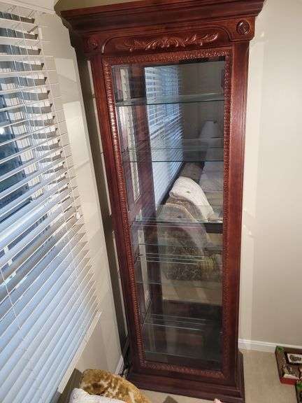 LIGHTED CURIO CABINET WITH 5 GLASS SHELVES, VERY NICE (OPENS ON 1 SIDE ...