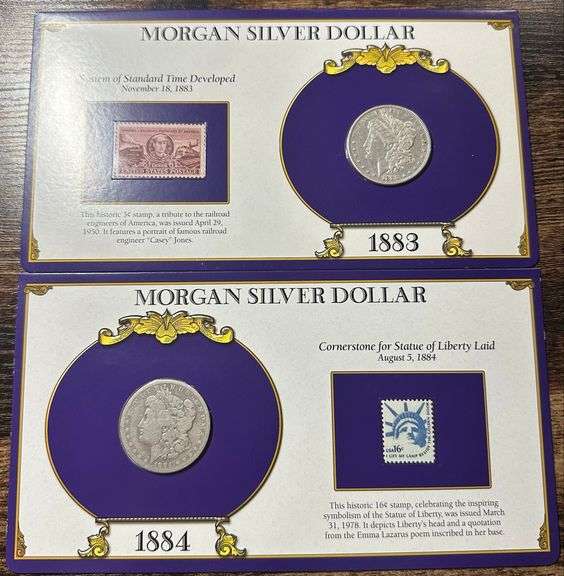 Lot of Two (2) Morgan Silver Dollars with Commemorative Cards & Stamps ...
