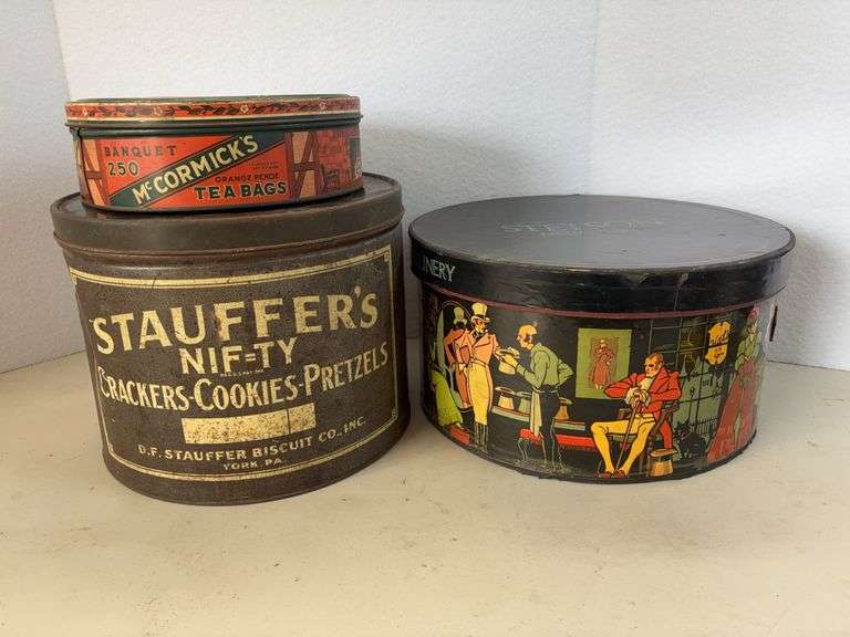 3 Tins , 1 is a Cardboard Stetson Box - Kaufman Realty & Auctions