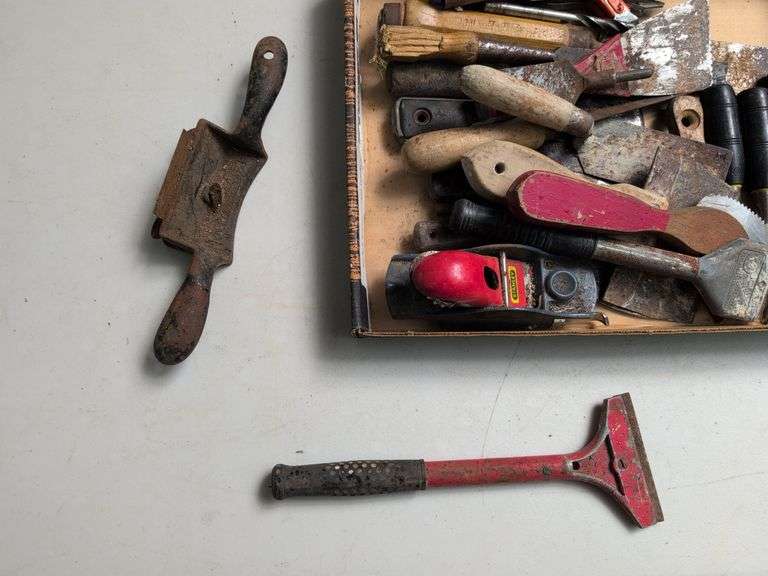 Flat of masonry tools, sander, chisels, and more - Kaufman Realty ...