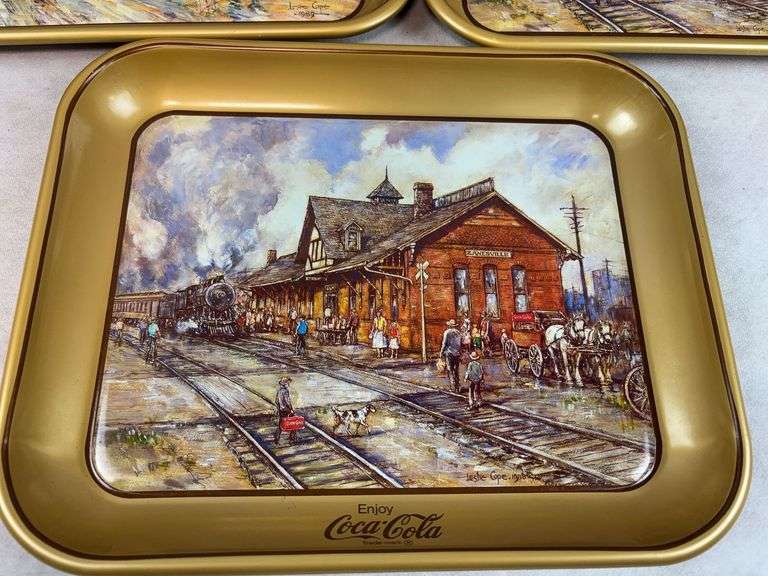 3 gold-bordered Coca-Cola trays with 1989 Lyndon Gage train station and ...